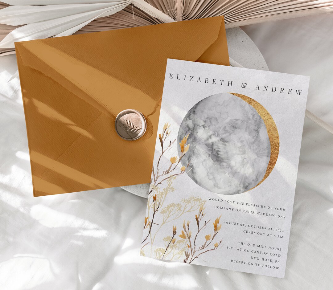 Rustic Golden Moon Printable Wedding Invitations, Celestial Wedding ...