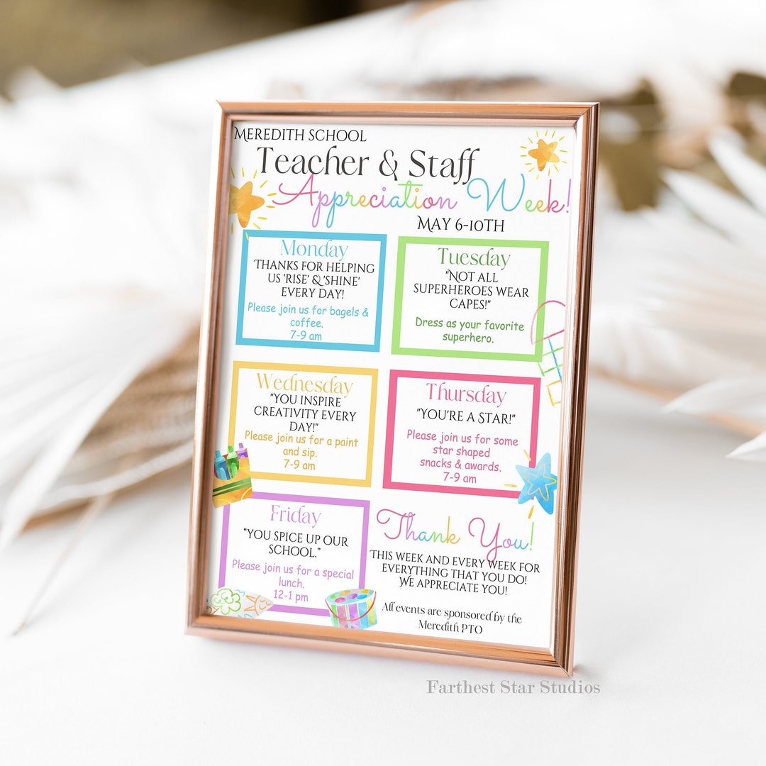 Teacher Appreciation Week Itinerary Flyer, Teacher Staff Appreciation ...