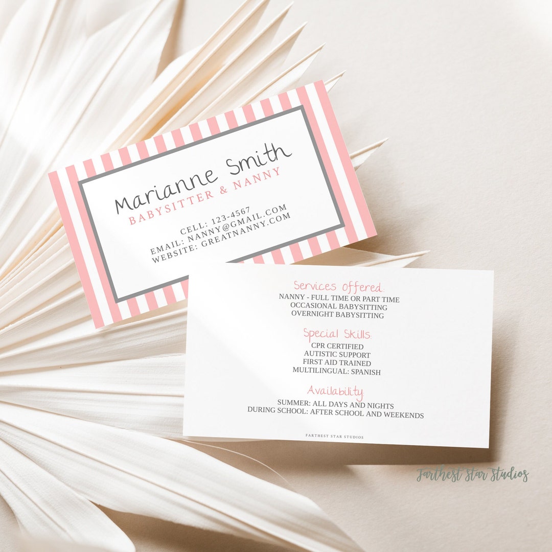 Pink Babysitter Business Cards, Summer Play Date Card, Printable ...