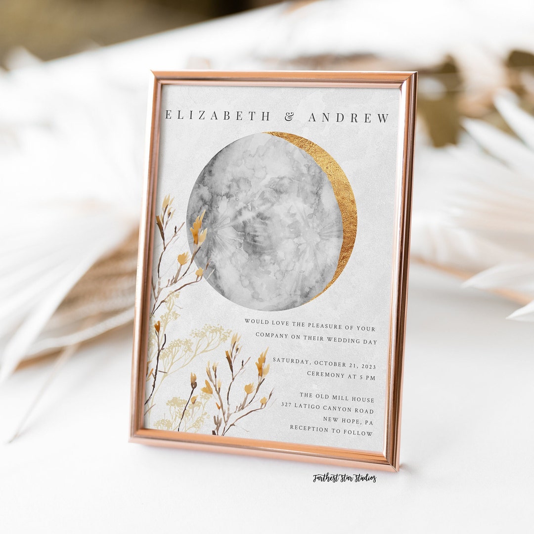 Rustic Golden Moon Printable Wedding Invitations, Celestial Wedding ...