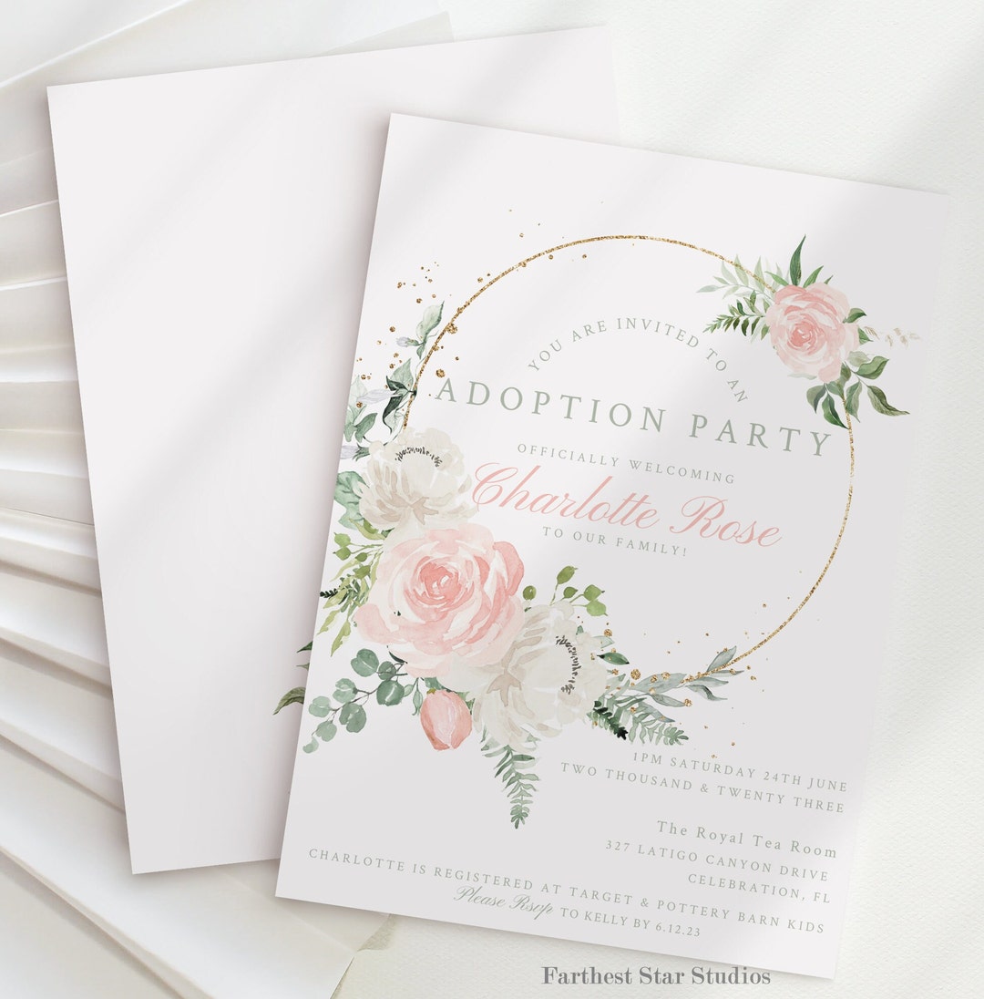 Pink and Green Floral Adoption Invitation , Adoption Day Invitation ...