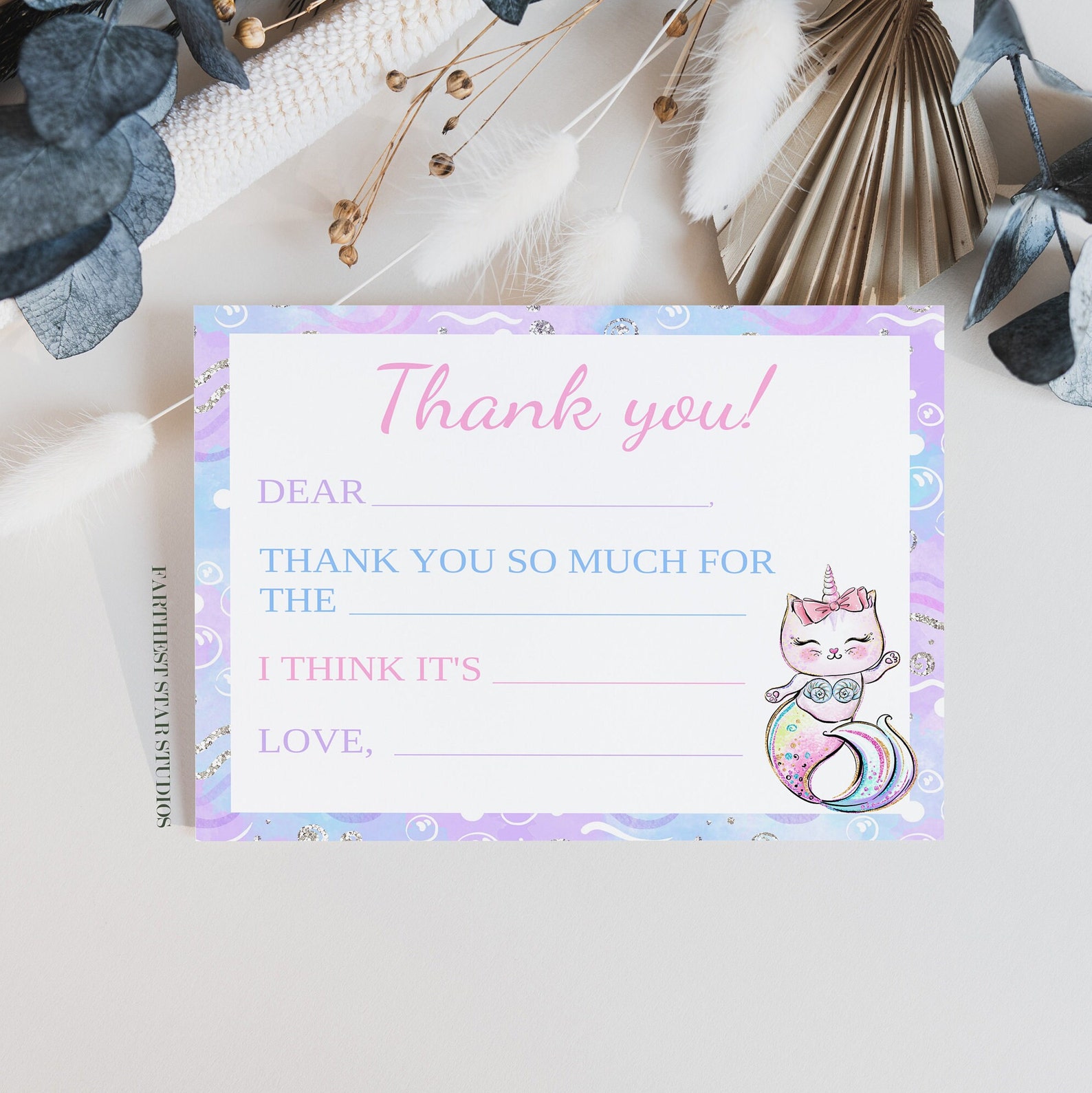 Rainbow Mermaid Cat Printable Thank You Card, Mermaid Cat Birthday, Cat ...
