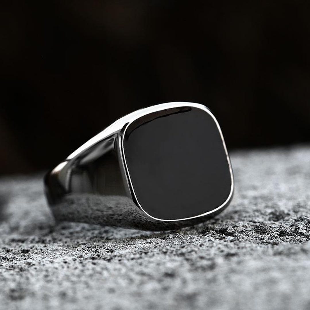 Men's Black Onyx Signet Ring, Sterling Silver Statement Jewelry, Custom ...