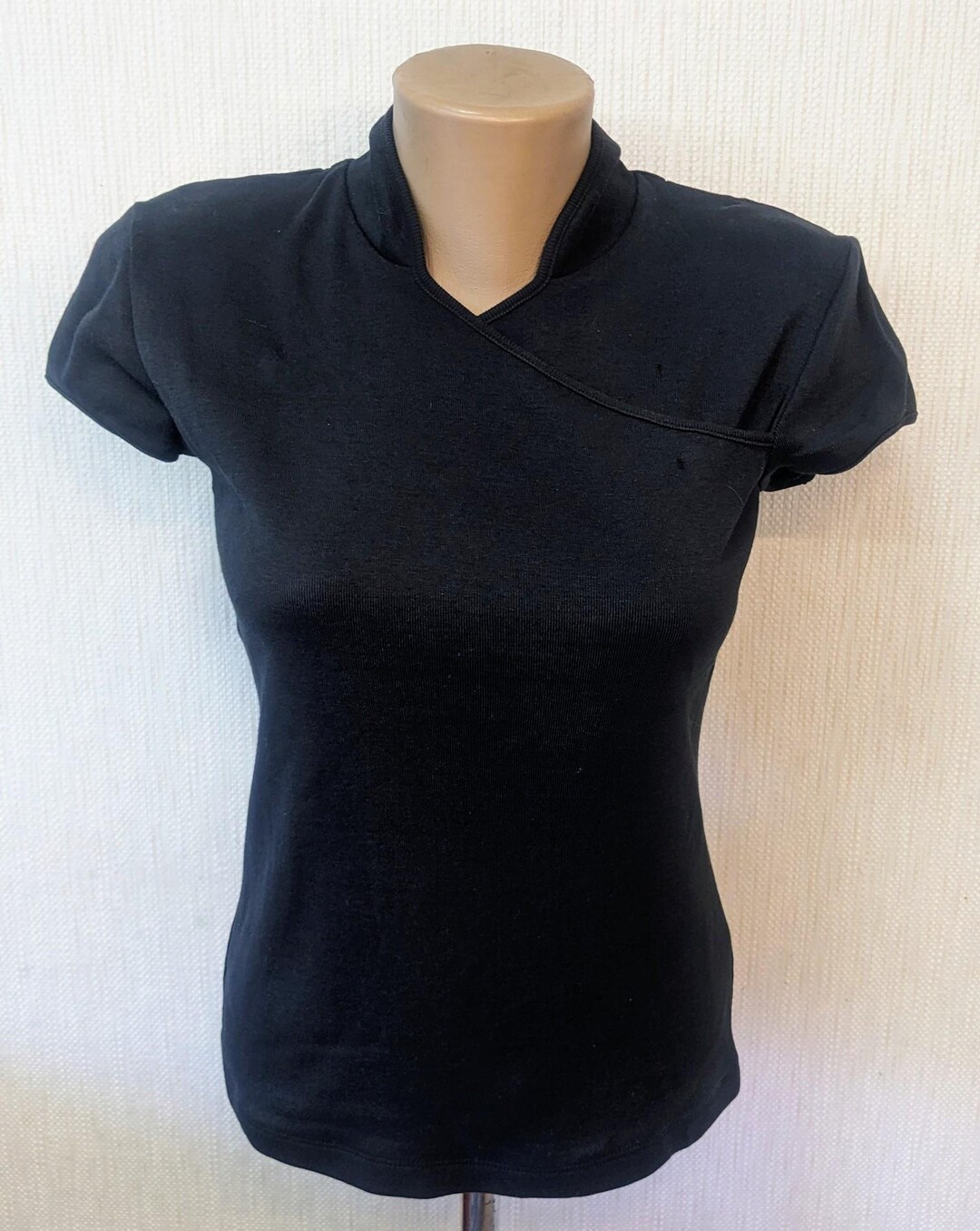 Vintage Shanghai Tang Top | Black Ribbed Mock Neck Shirt | Y2K Oriental ...