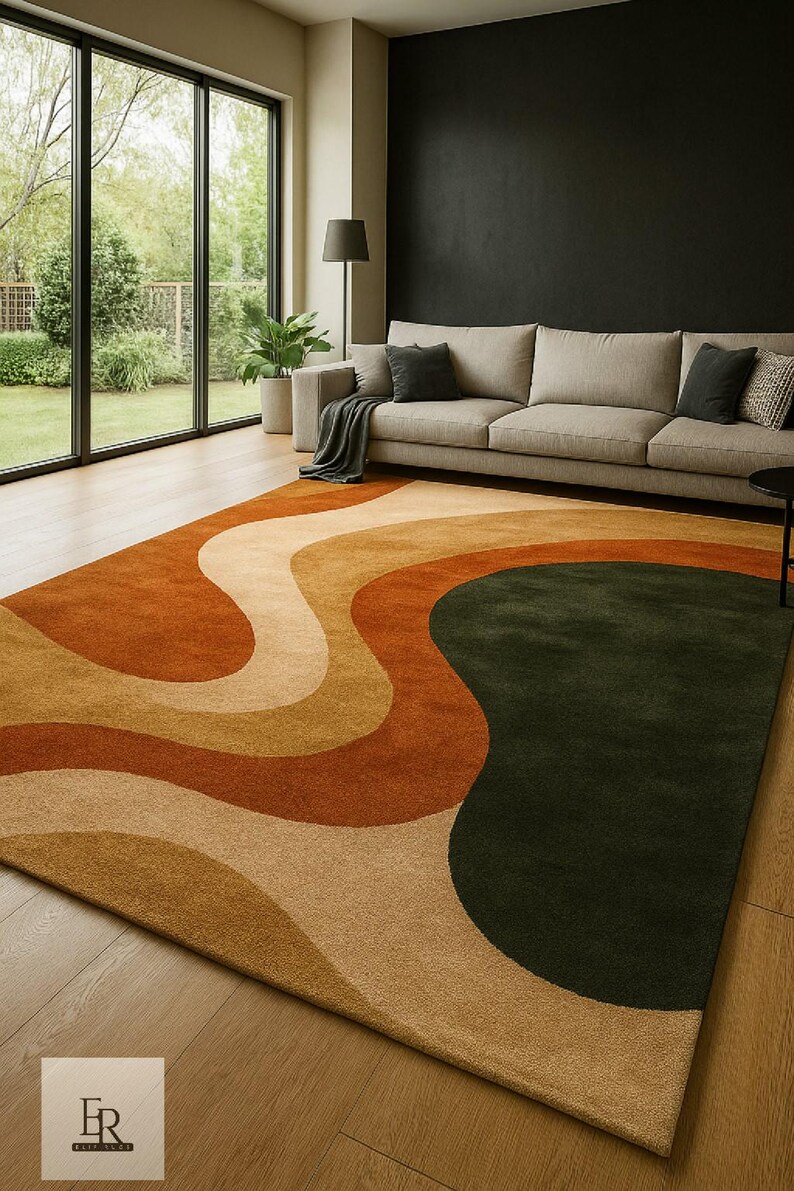 Retro Wave Area Rug | Earth Tone Abstract Carpet | Modern Boho Living ...