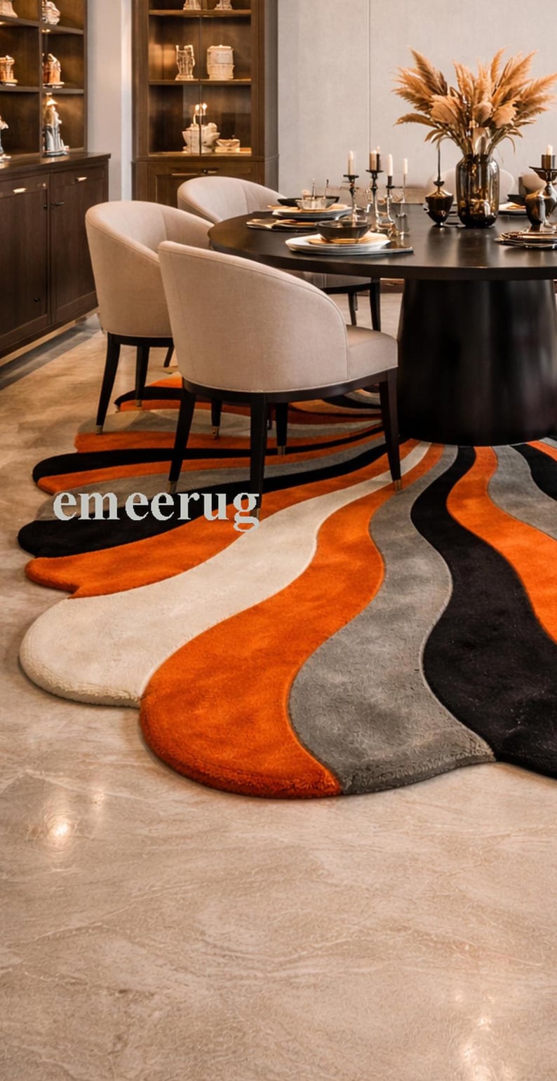 Burnt-orange Modern Rug, Abstract-wave Tufted Carpet, Black & Grey ...