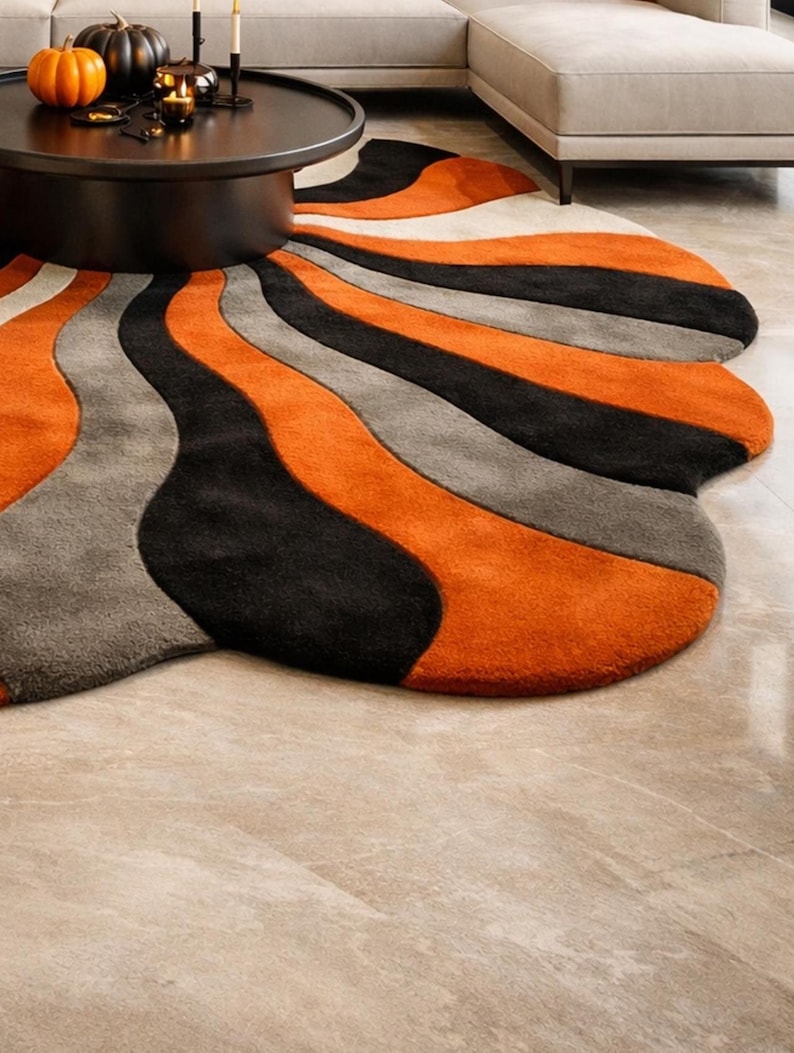 Burnt-orange Modern Rug, Abstract-wave Tufted Carpet, Black & Grey ...