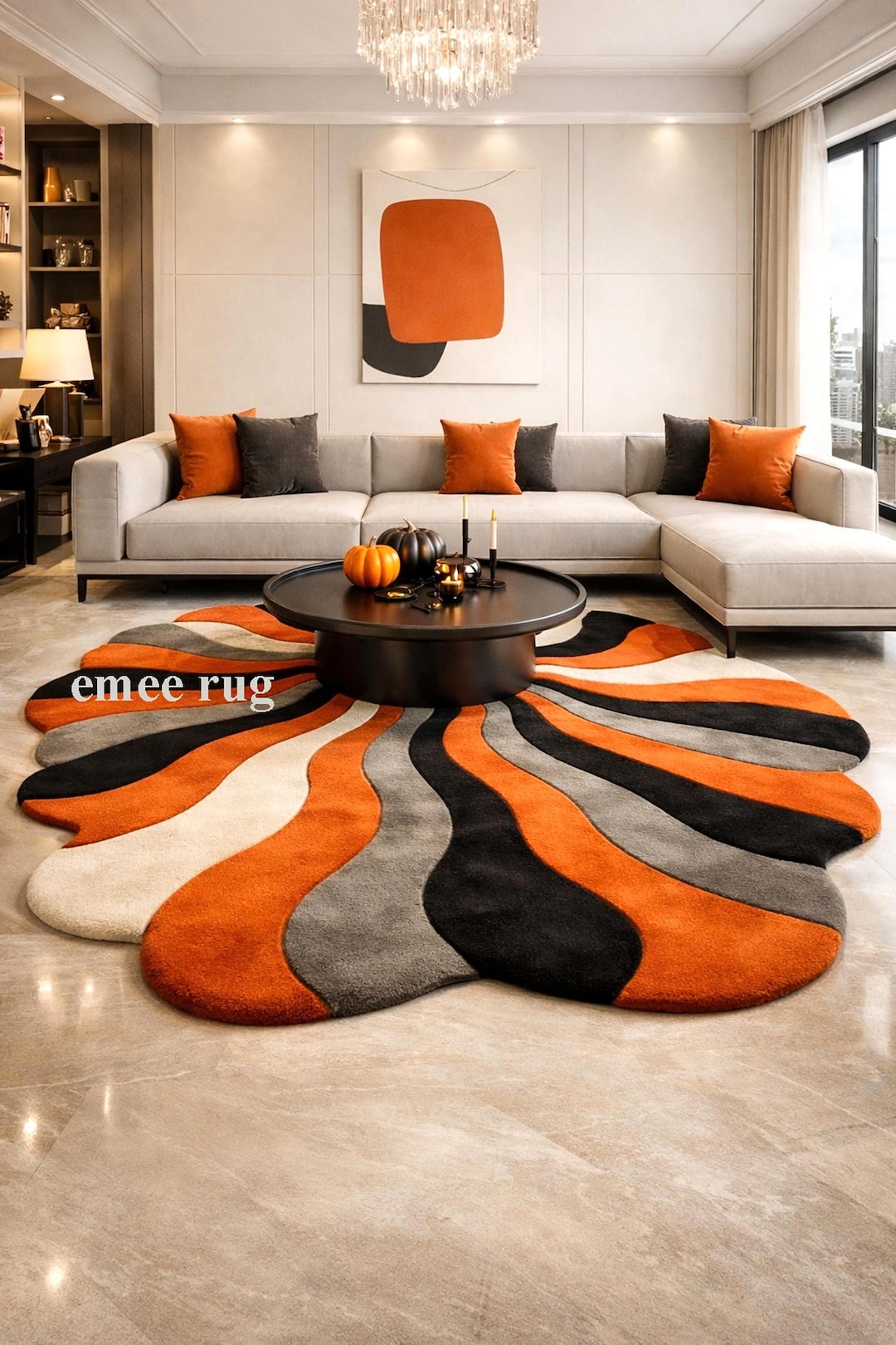 Burnt-orange Modern Rug, Abstract-wave Tufted Carpet, Black & Grey ...