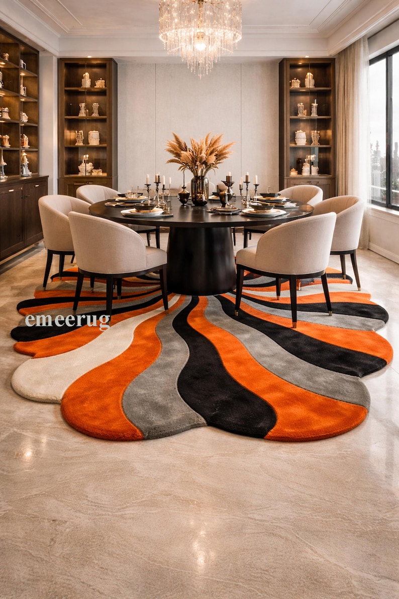 Burnt-orange Modern Rug, Abstract-wave Tufted Carpet, Black & Grey ...