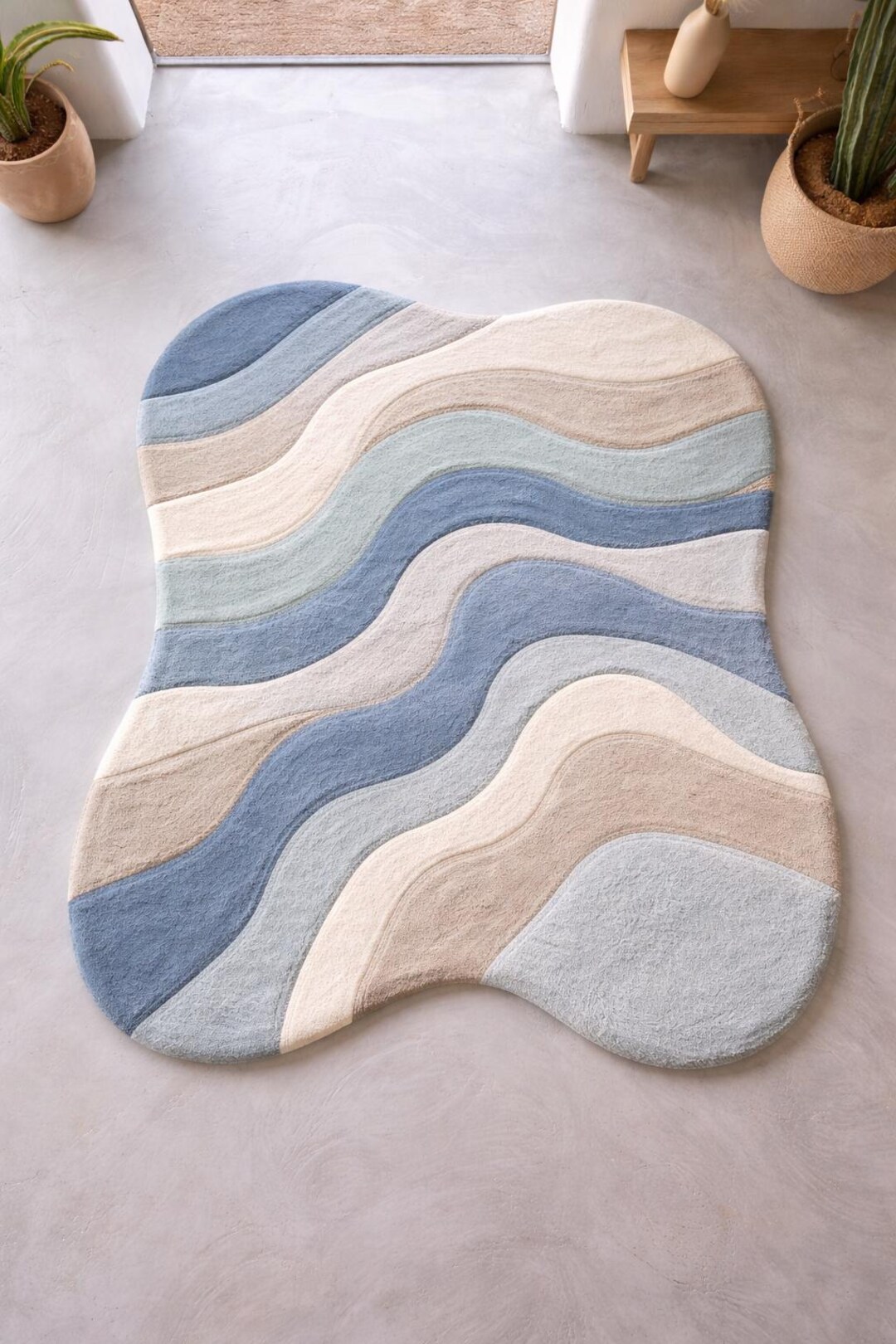Hand Tufted Wool Wave Rug, Modern Abstract Blue Beige Carpet - Etsy
