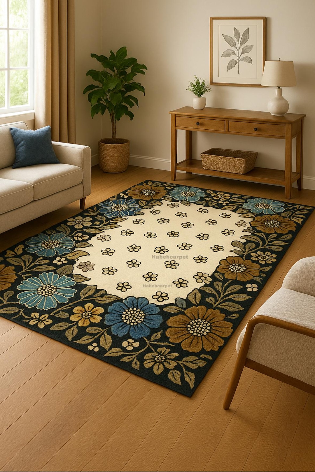 Hand-tufted Wool Area Rug: Floral Border, Cream & Blue - Etsy