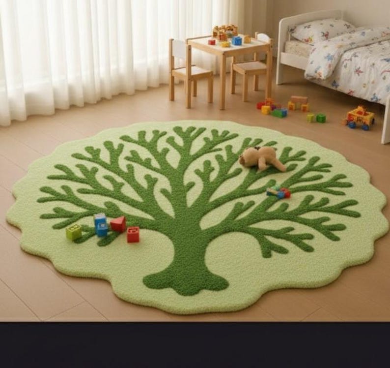 Tree-shaped Kids Rug – Hand-tufted Nature Play Mat | Green Abstract ...