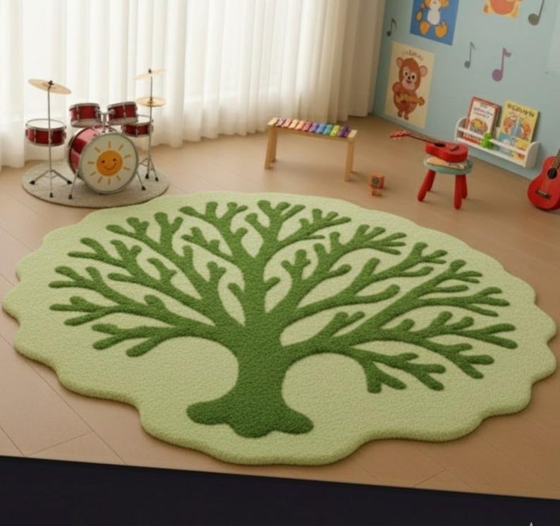 Tree-shaped Kids Rug – Hand-tufted Nature Play Mat | Green Abstract ...
