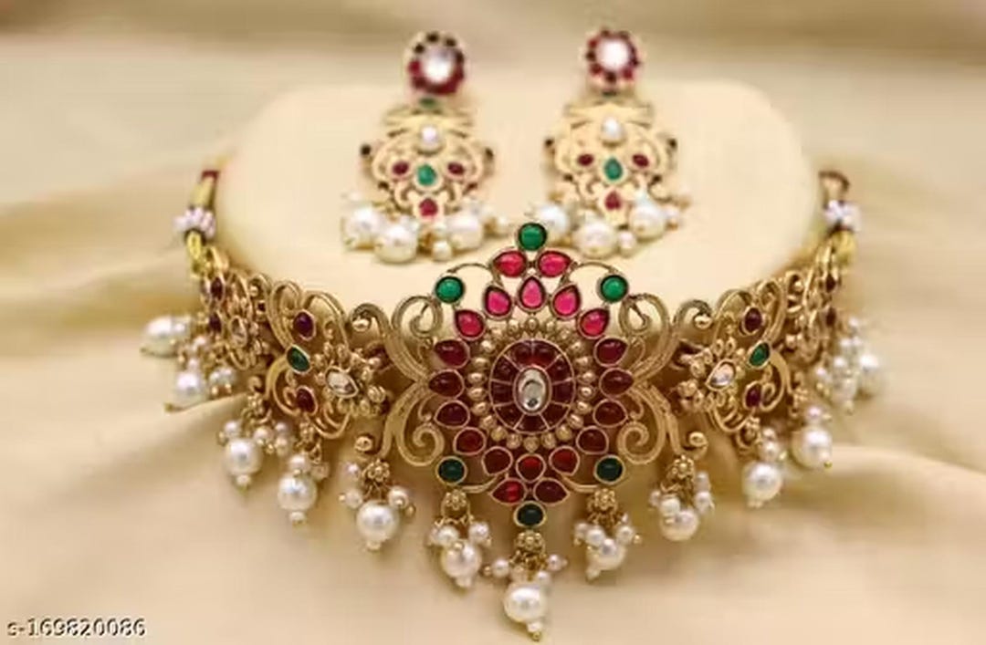 Traditional Kundan Choker Necklace Set With Earrings, Gold Plated ...