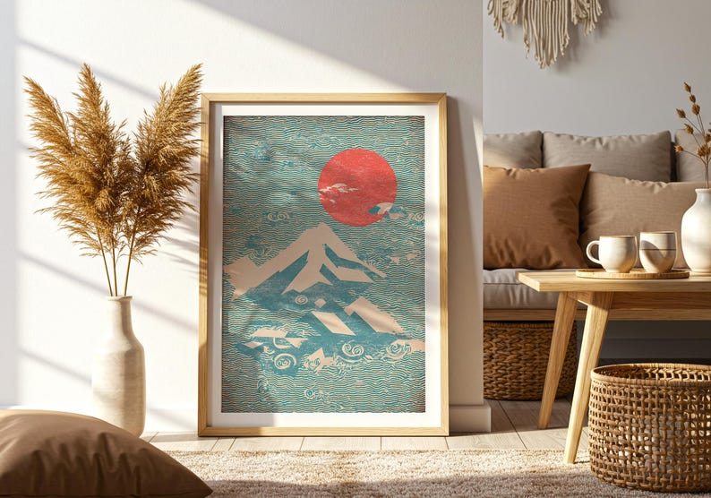 Japanese Wave Art Print: Ukiyo-e Red Sun Mountain Landscape - Etsy