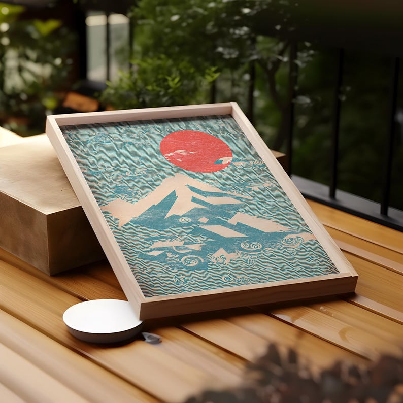 Japanese Wave Art Print: Ukiyo-e Red Sun Mountain Landscape - Etsy