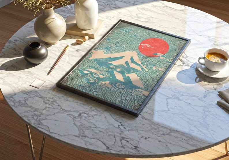 Japanese Wave Art Print: Ukiyo-e Red Sun Mountain Landscape - Etsy