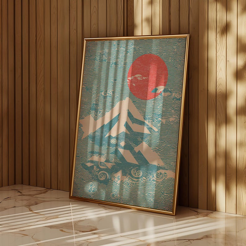 Japanese Wave Art Print: Ukiyo-e Red Sun Mountain Landscape - Etsy