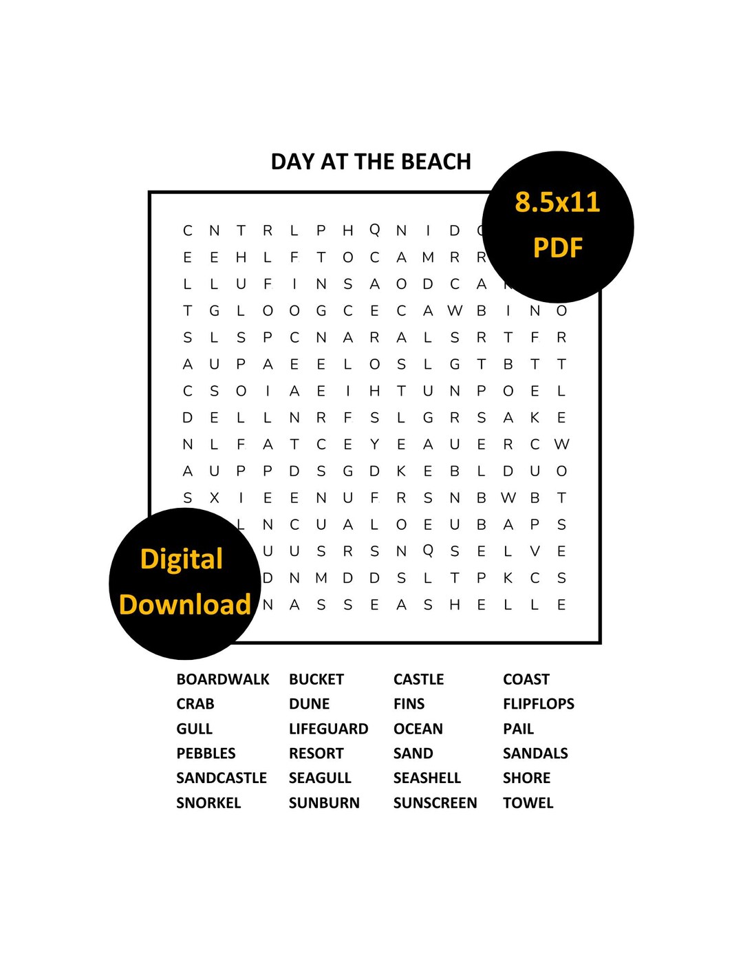 Day at the Beach Printable Word Search Puzzle With Solution Digital ...