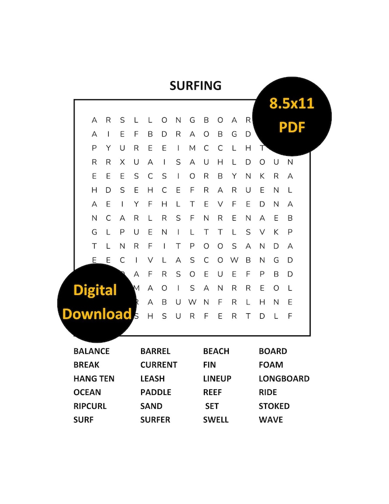 Surfing Easy to Read Word Search Puzzle With Solution Digital Download ...