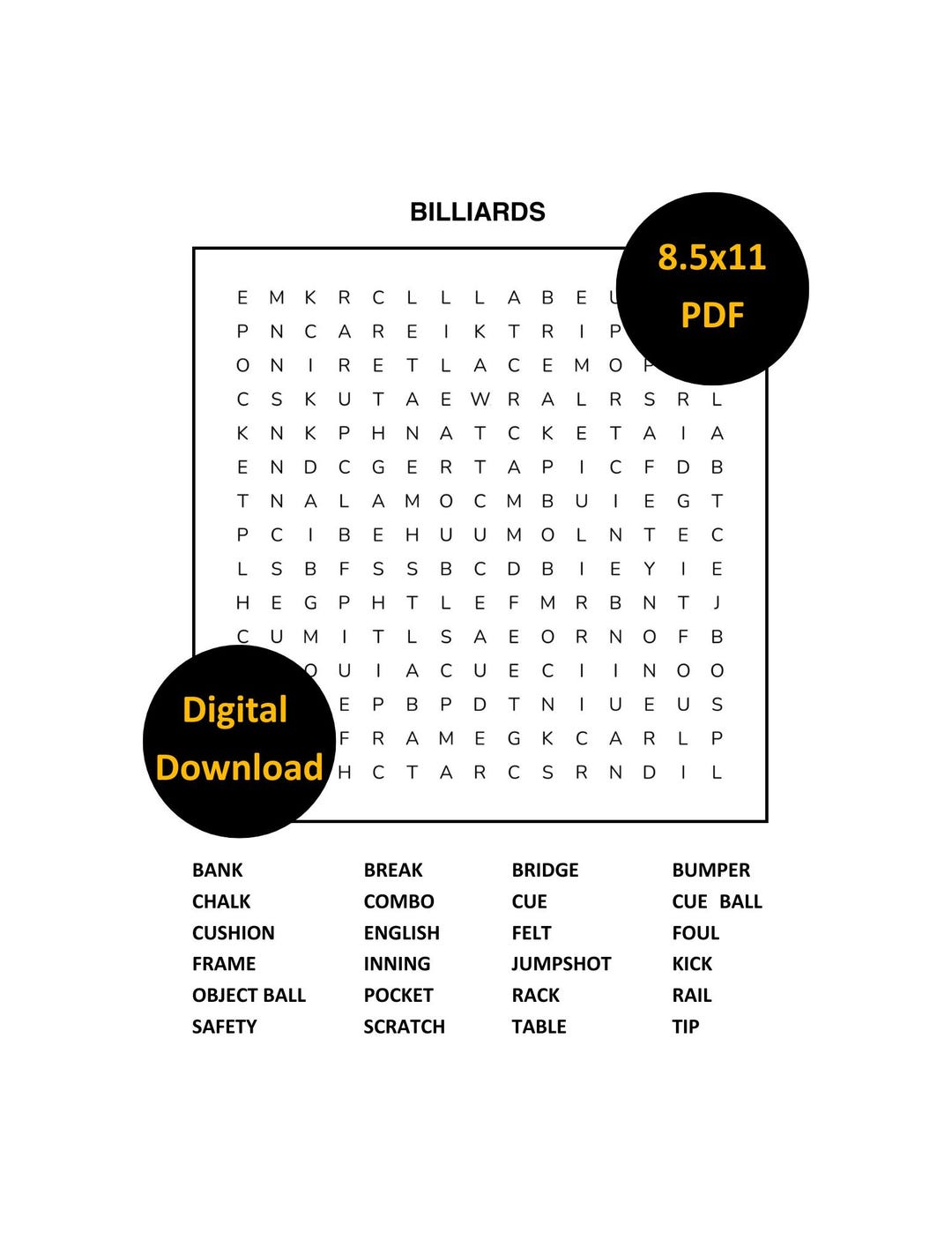 Billiards Word Search Puzzle With Solution Digital Download - Etsy