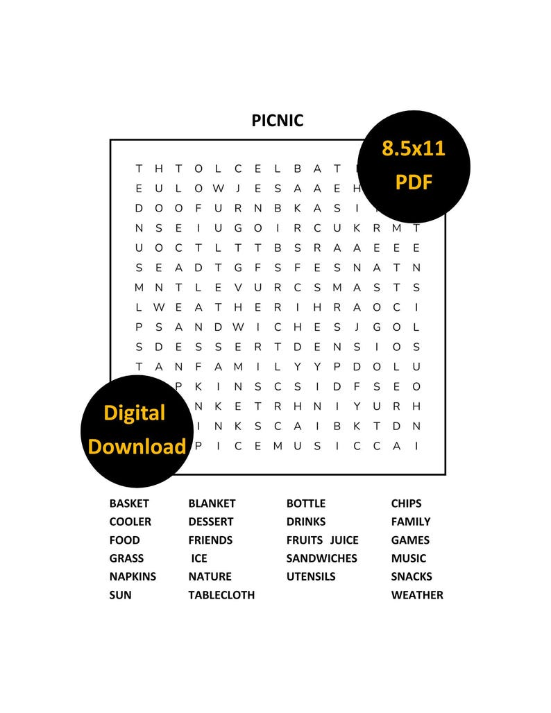 Picnic Word Search Puzzle With Solution Digital Download - Etsy