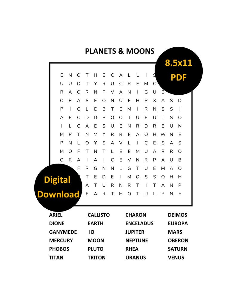 Planets & Moons Easy to Read Word Search Puzzle With Solution Digital ...