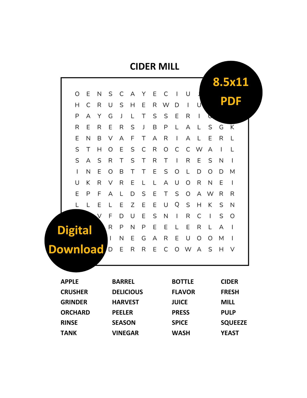 Cider Mill Word Search Puzzle With Solution Digital Download - Etsy