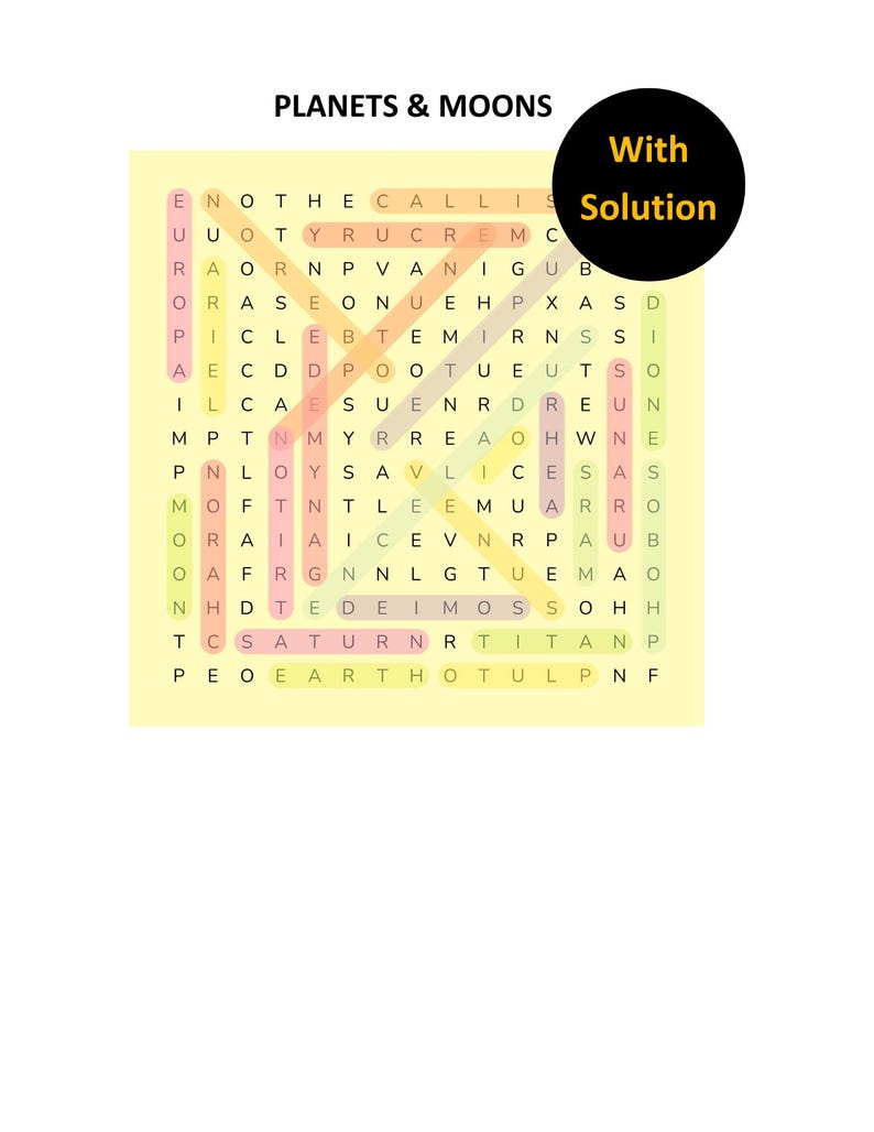 Planets & Moons Easy to Read Word Search Puzzle With Solution Digital ...