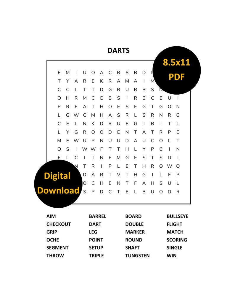 Darts Word Search Puzzle With Solution Digital Download - Etsy