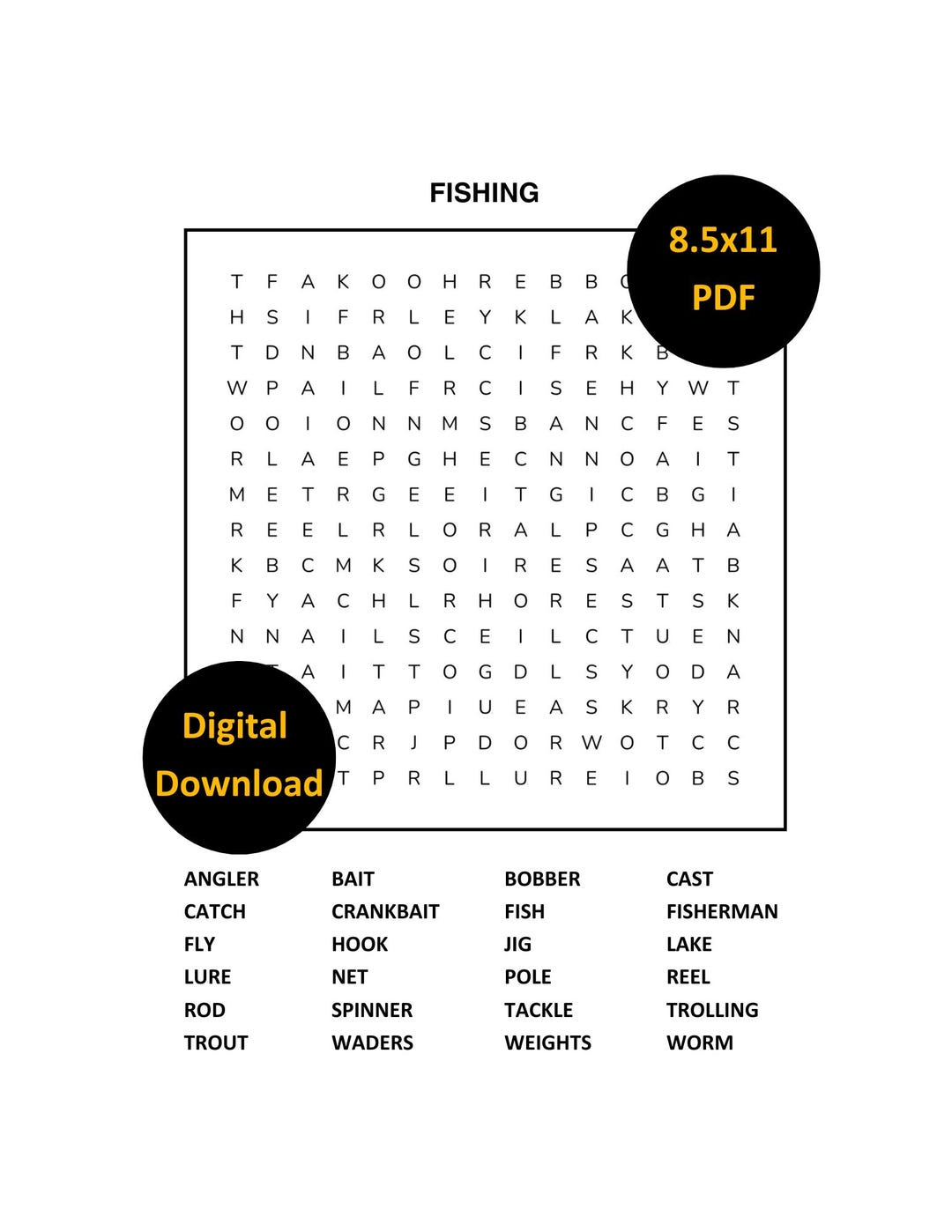 Fishing Printable Word Search Puzzle With Solution Digital Download - Etsy