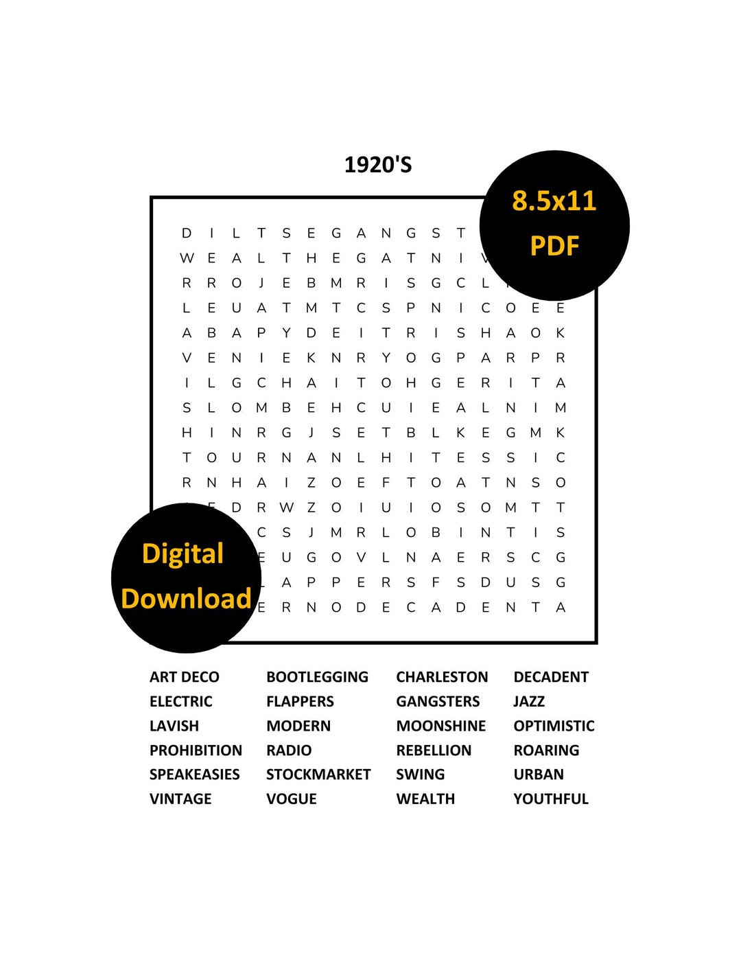 1920's Word Search Puzzle With Solution Digital Download - Etsy