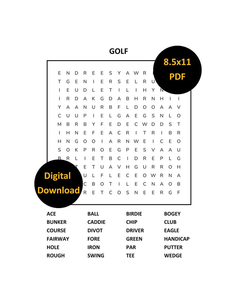 Golf Easy to Read Word Search Puzzle With Solution Digital Download - Etsy