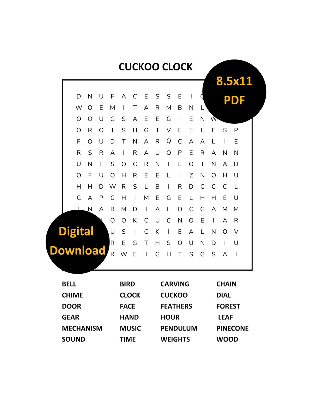 Cuckoo Clock Easy to Read Word Search Puzzle With Solution Digital ...
