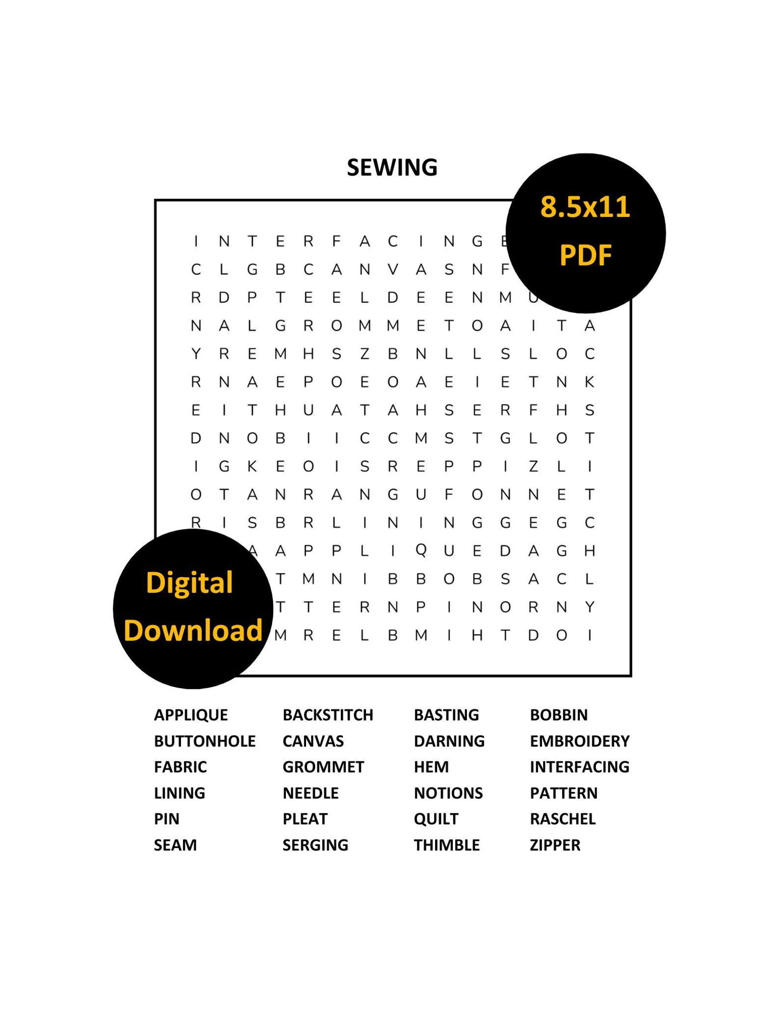 Sewing Word Search Puzzle With Solution Digital Download - Etsy