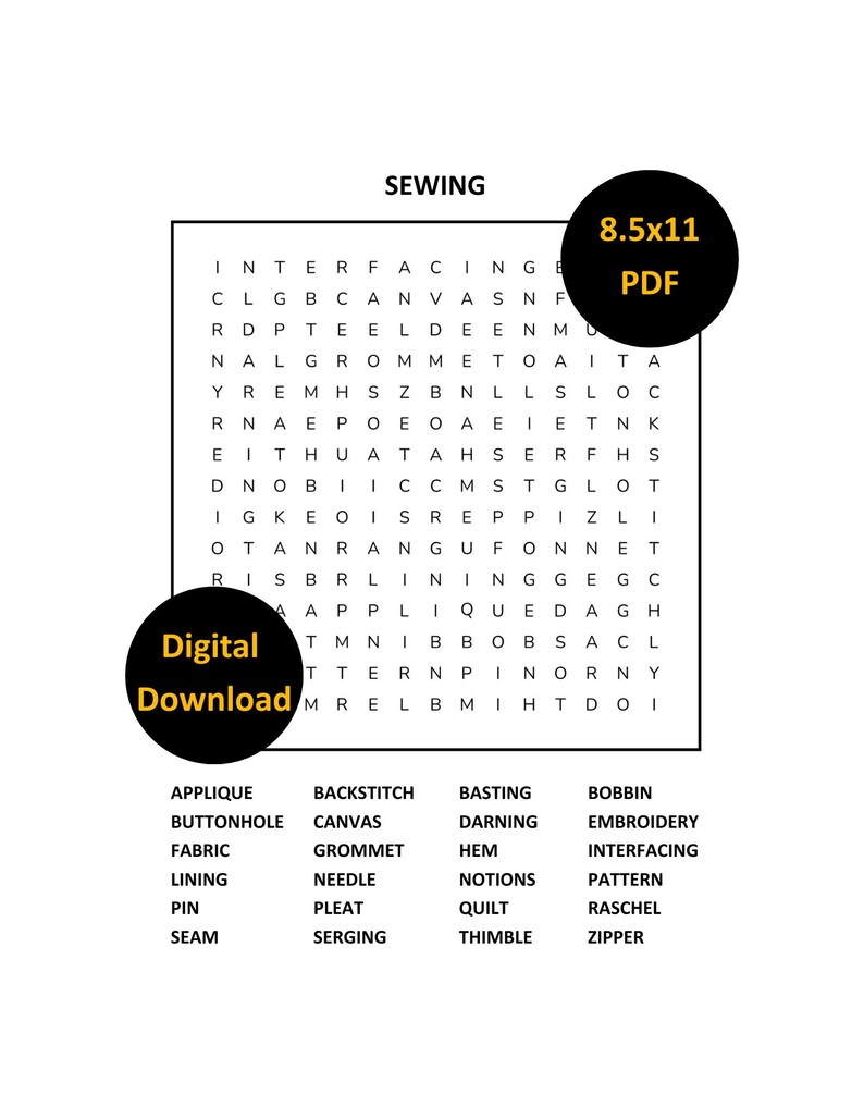 Sewing Word Search Puzzle With Solution Digital Download - Etsy
