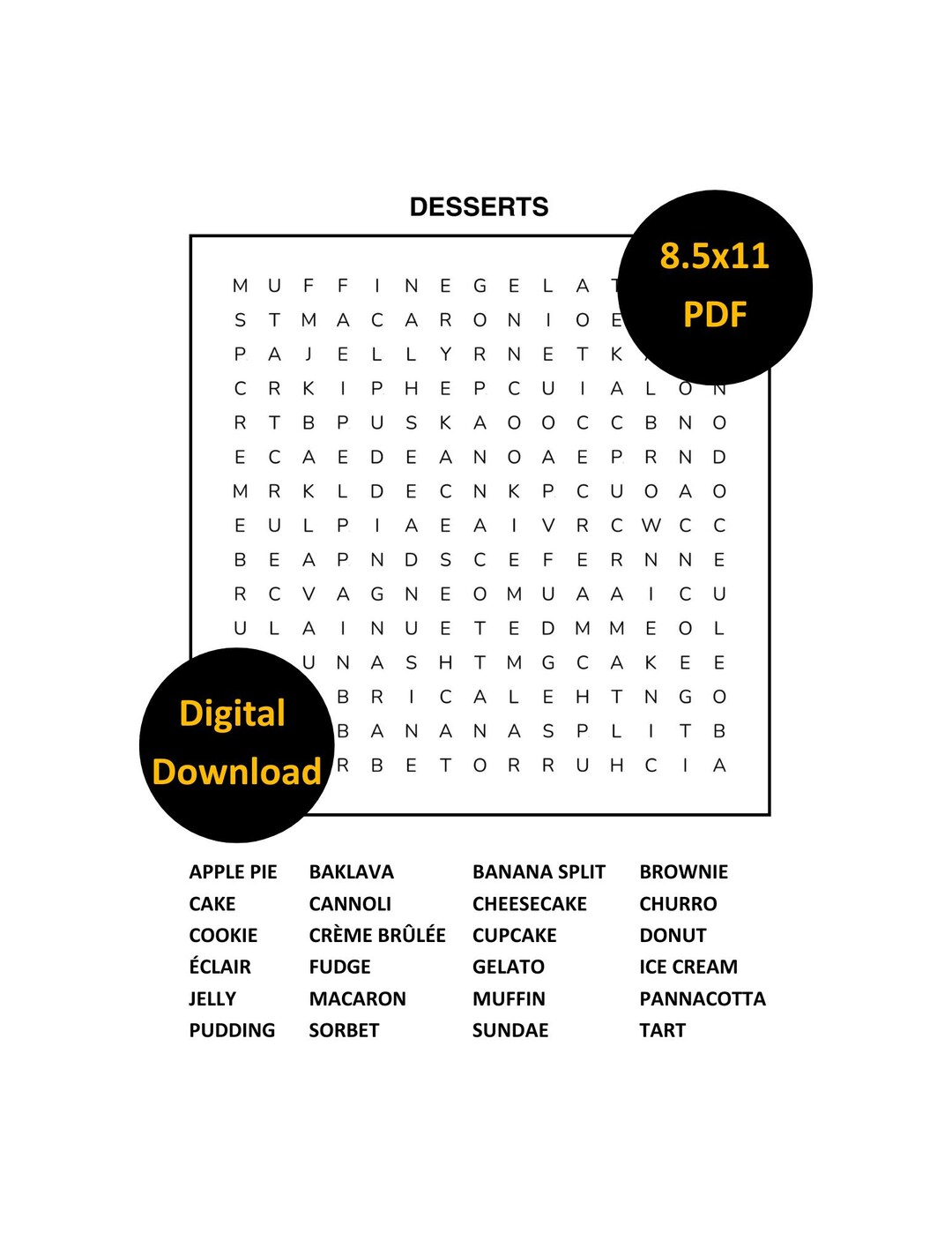 Desserts Printable Word Search Puzzle With Solution Digital Download - Etsy
