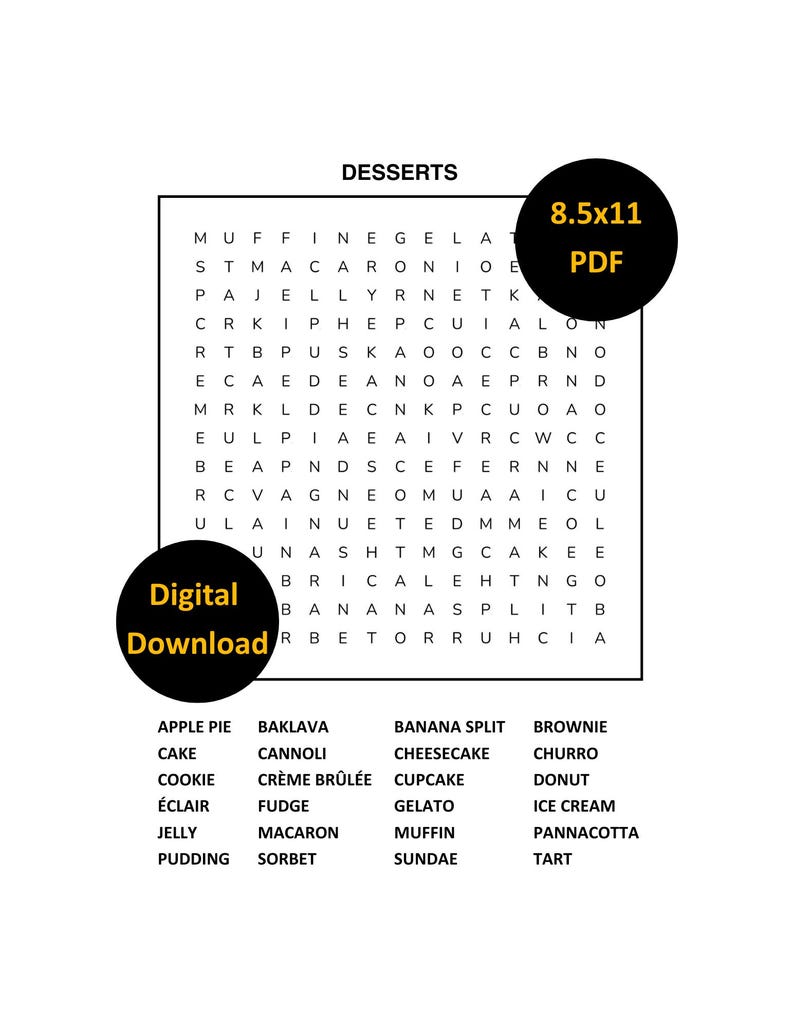 Desserts Printable Word Search Puzzle With Solution Digital Download - Etsy