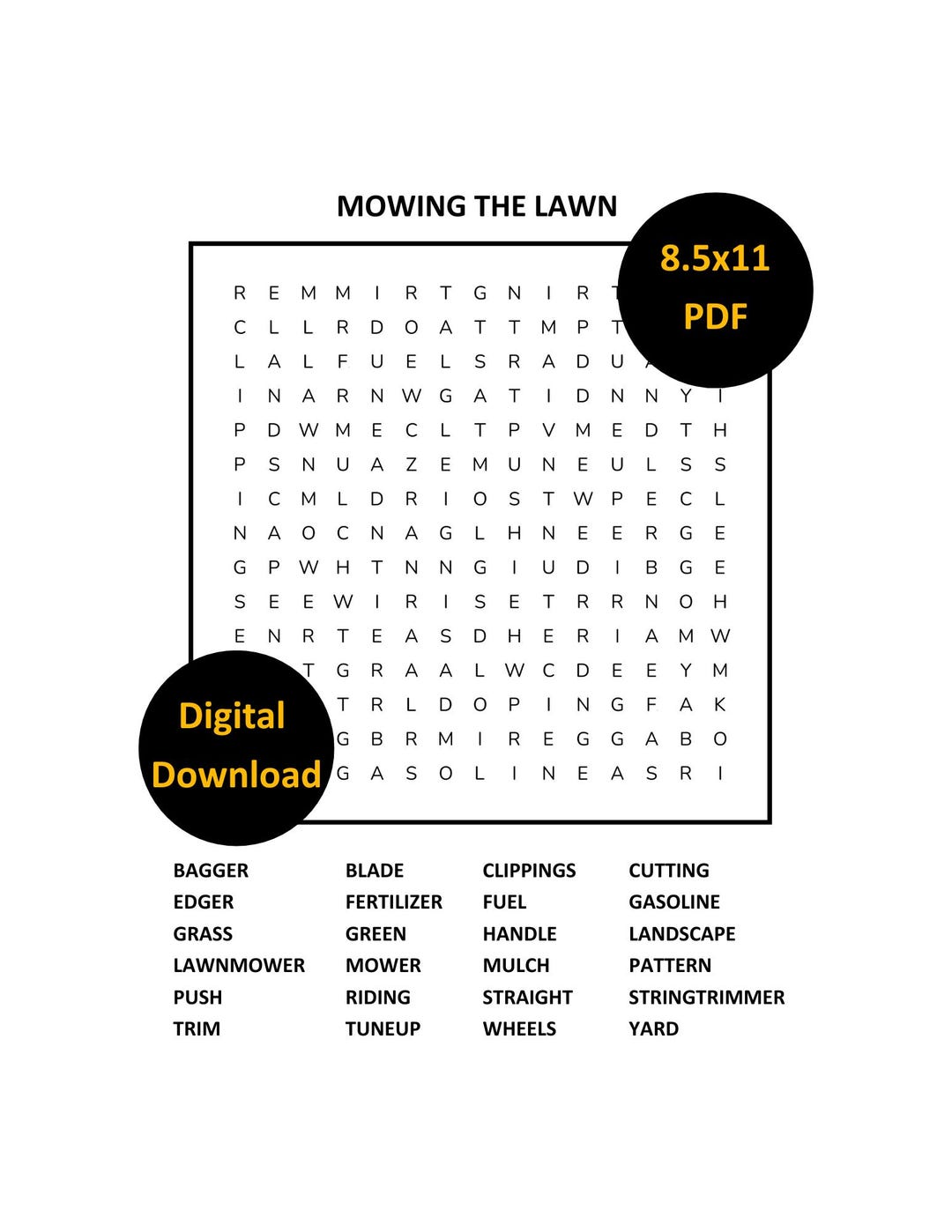 Mowing the Lawn Printable Word Search Puzzle With Solution Digital ...