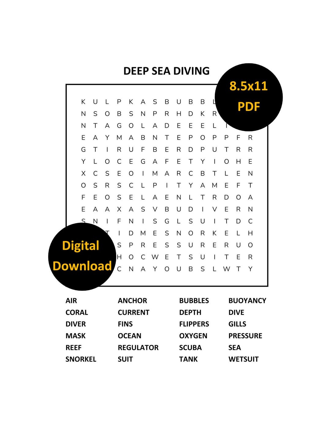 Deep Sea Diving Easy to Read Word Search Puzzle With Solution Digital ...