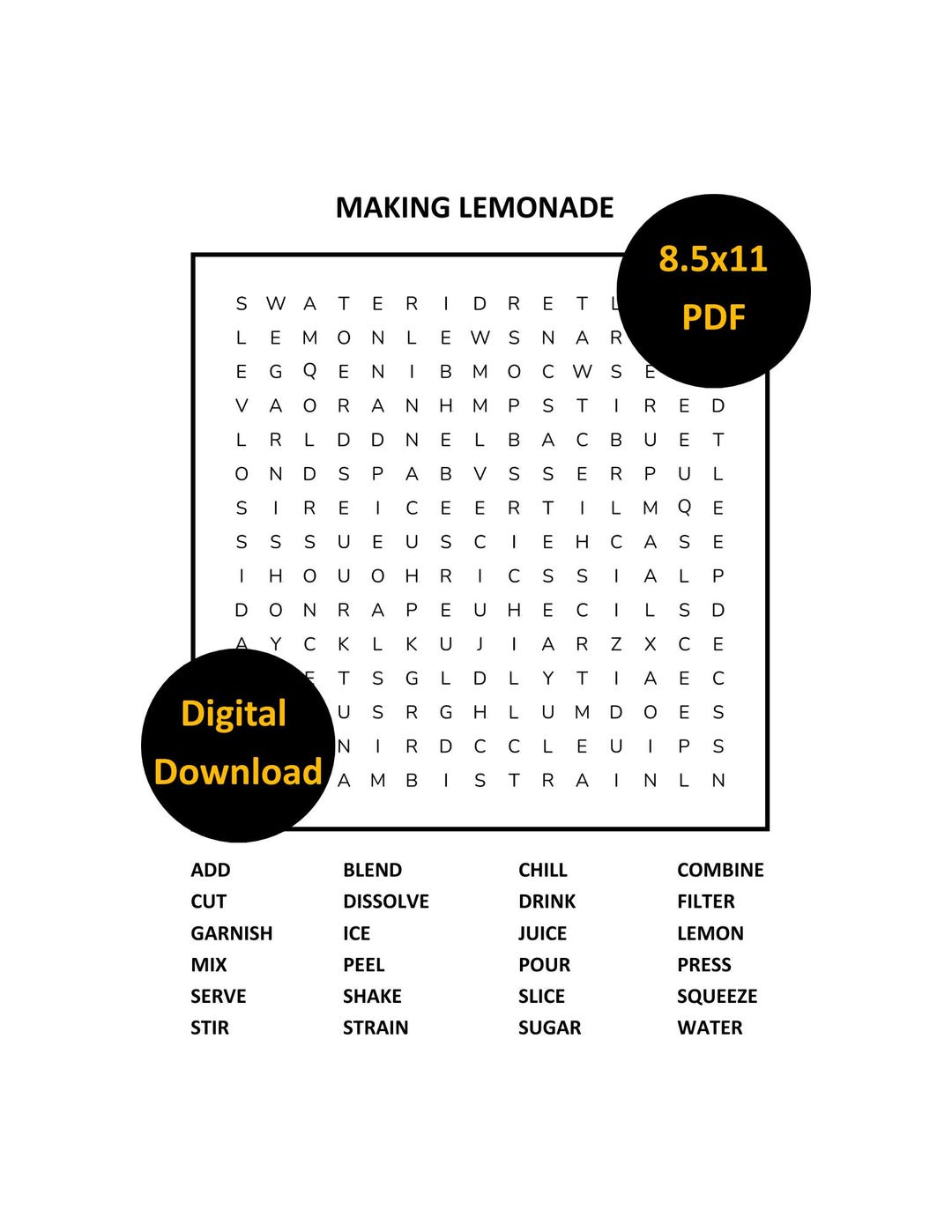 Making Lemonade Printable Word Search Puzzle With Solution Digital ...