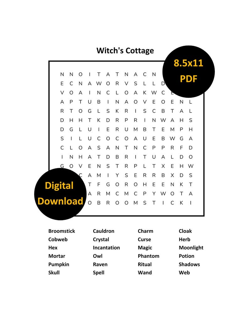 Witch's Cottage Printable Word Search Puzzle With Solution Digital ...
