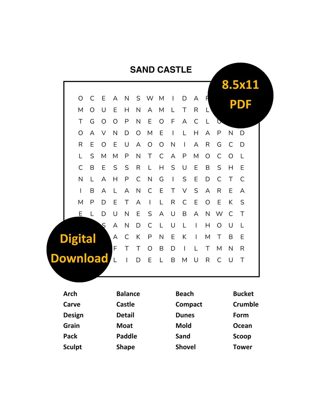 Sand Castle Word Search Puzzle With Solution Digital Download - Etsy Canada