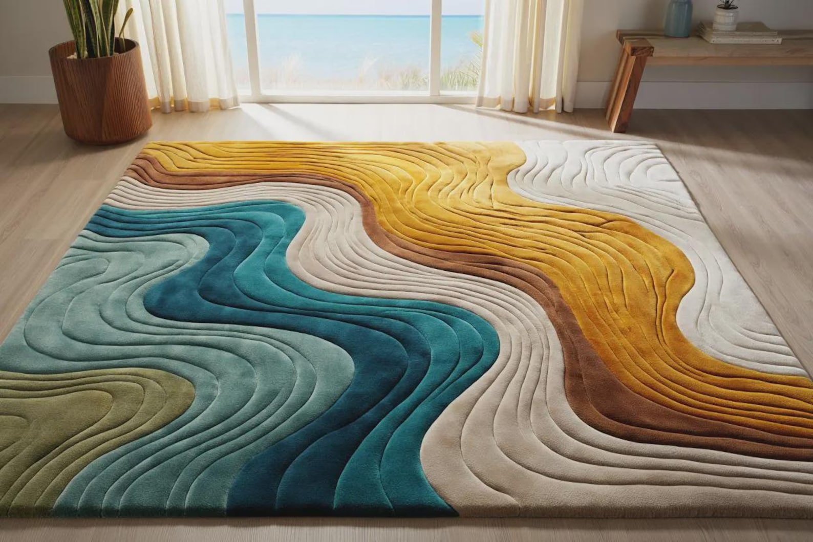 Handmade Modern Abstract Rug: Teal, Gold & Cream 3D Wave Carpet - Etsy