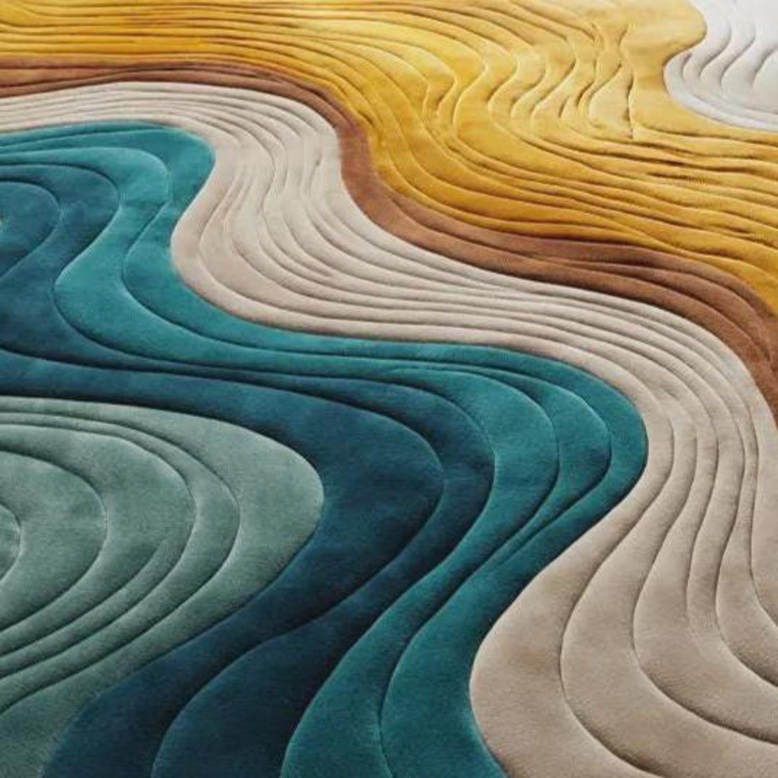 Handmade Modern Abstract Rug: Teal, Gold & Cream 3D Wave Carpet - Etsy