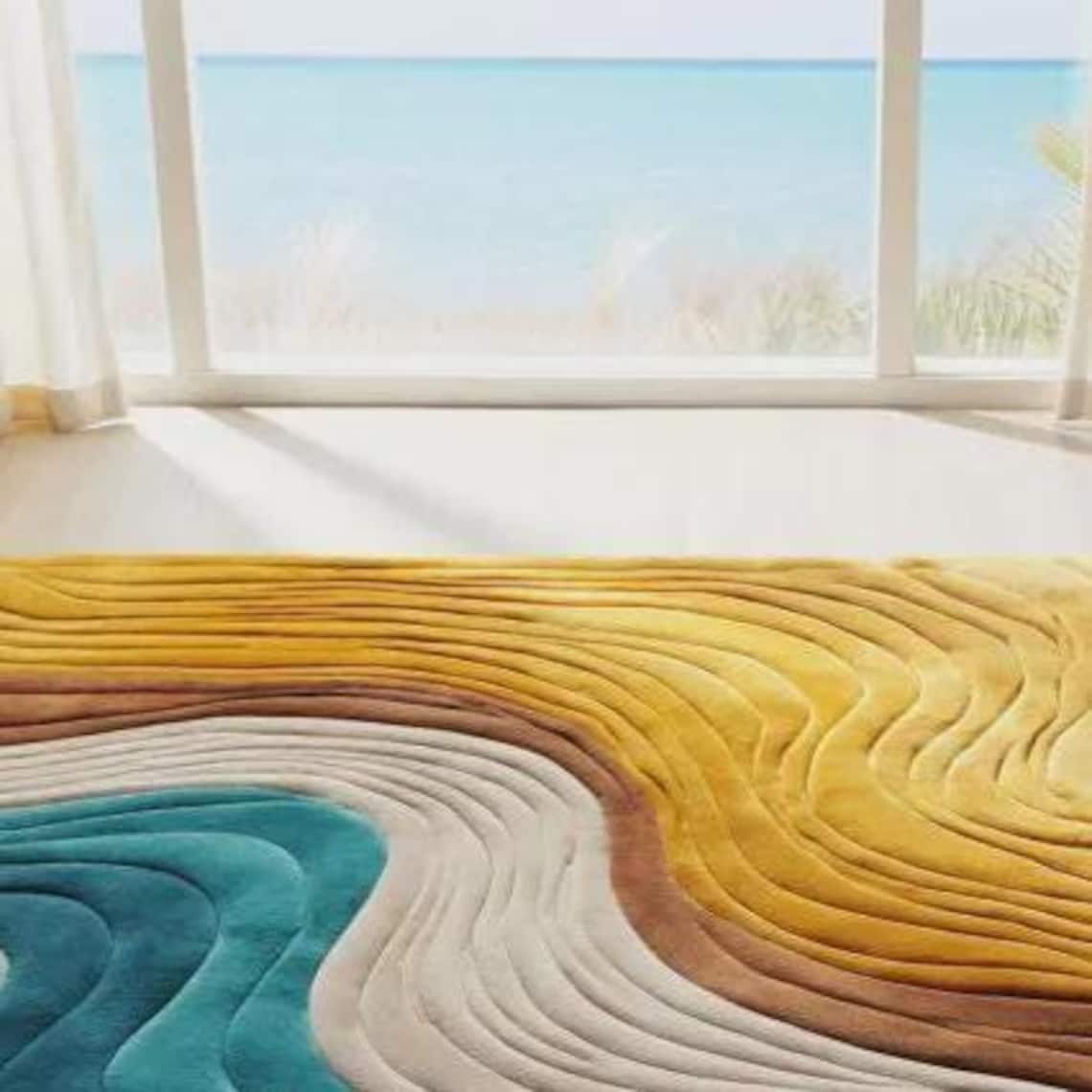 Handmade Modern Abstract Rug: Teal, Gold & Cream 3D Wave Carpet - Etsy
