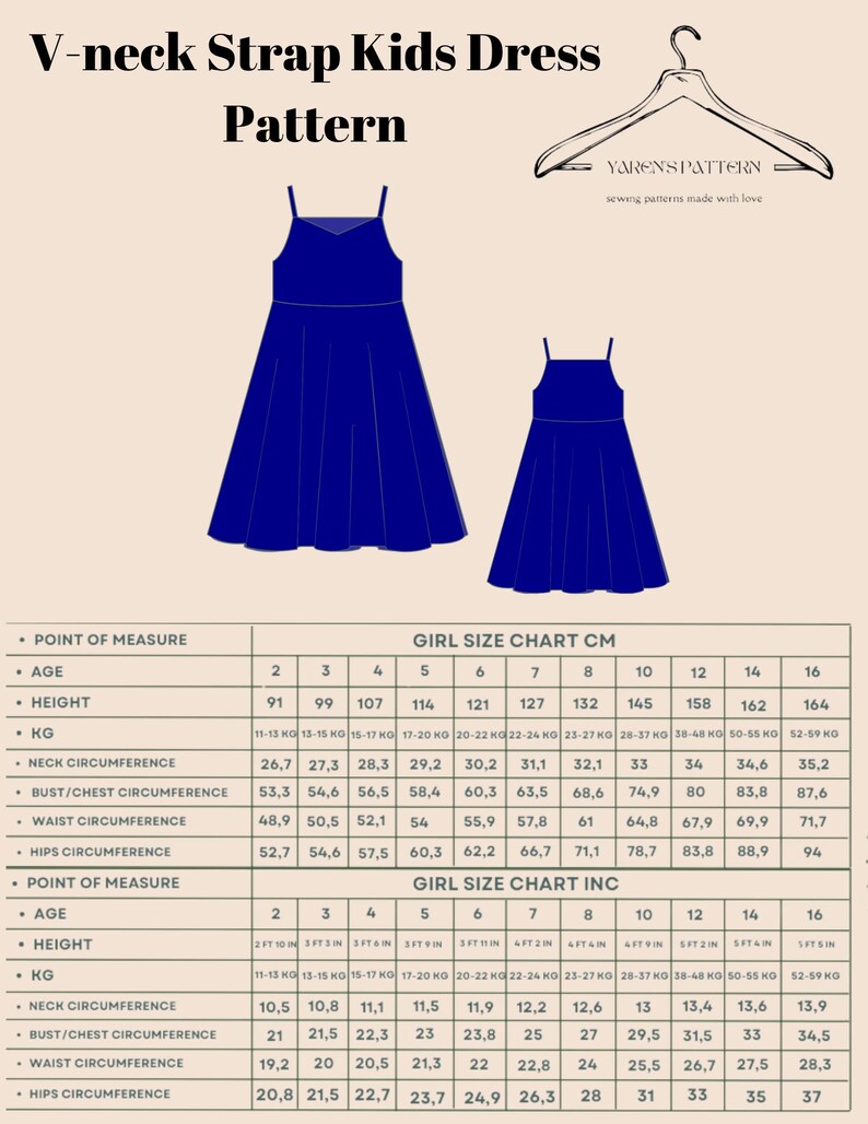 V-neck Strap Kids Dress Sewing Pattern PDF | Age 2–16 | A0,A4,US LETTER ...