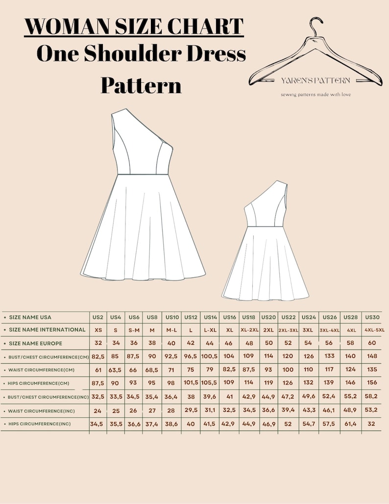 One Shoulder Dress Sewing Pattern,knee Length,women Size:us2 to US30 ...