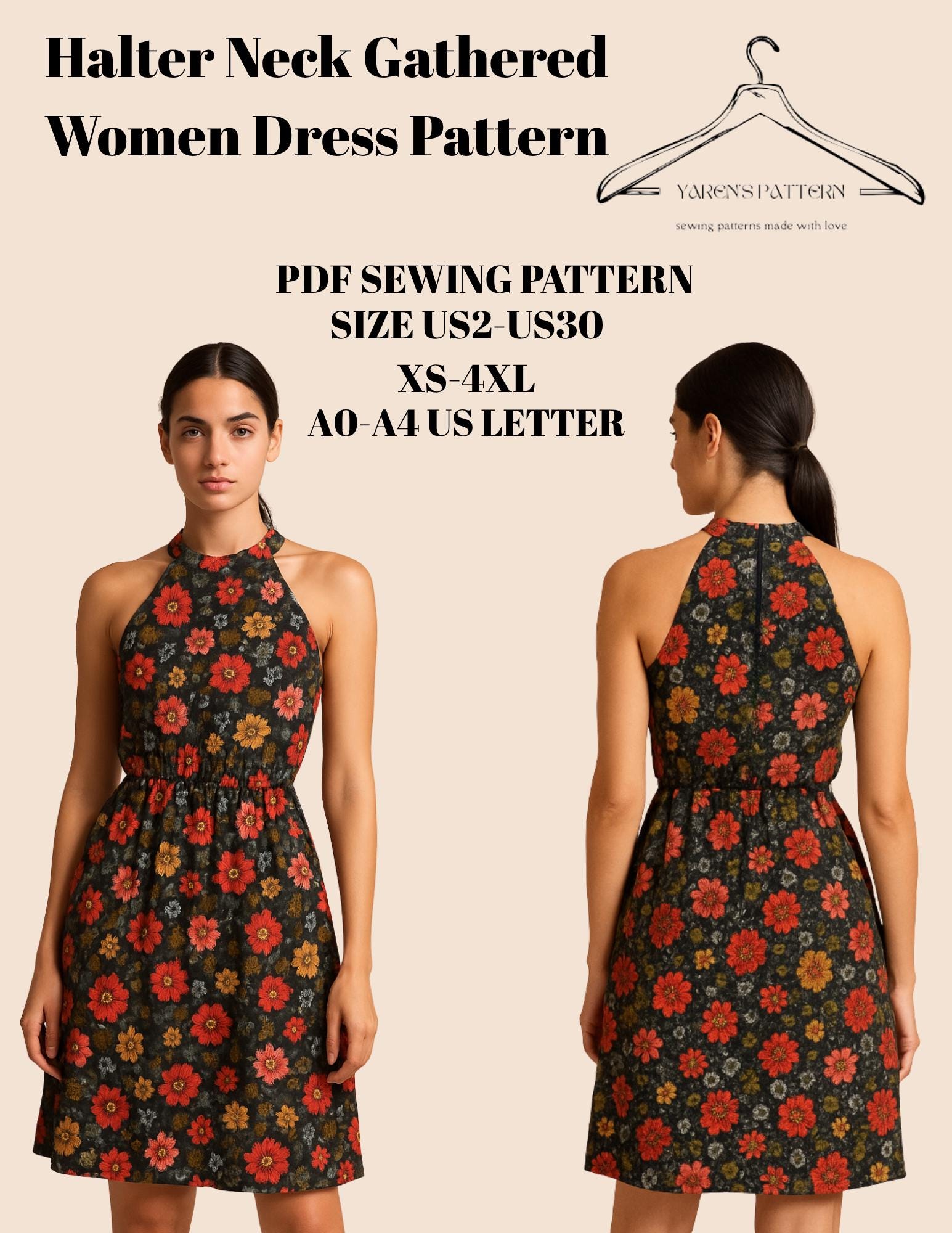 Halter Neck Gathered Dress Sewing,women Size:us2 to US30,PDF Pattern - Etsy