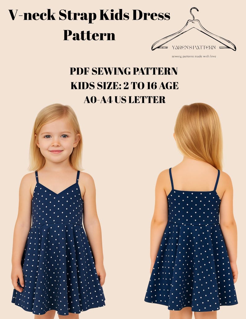 V-neck Strap Kids Dress Sewing Pattern PDF | Age 2–16 | A0,A4,US LETTER ...